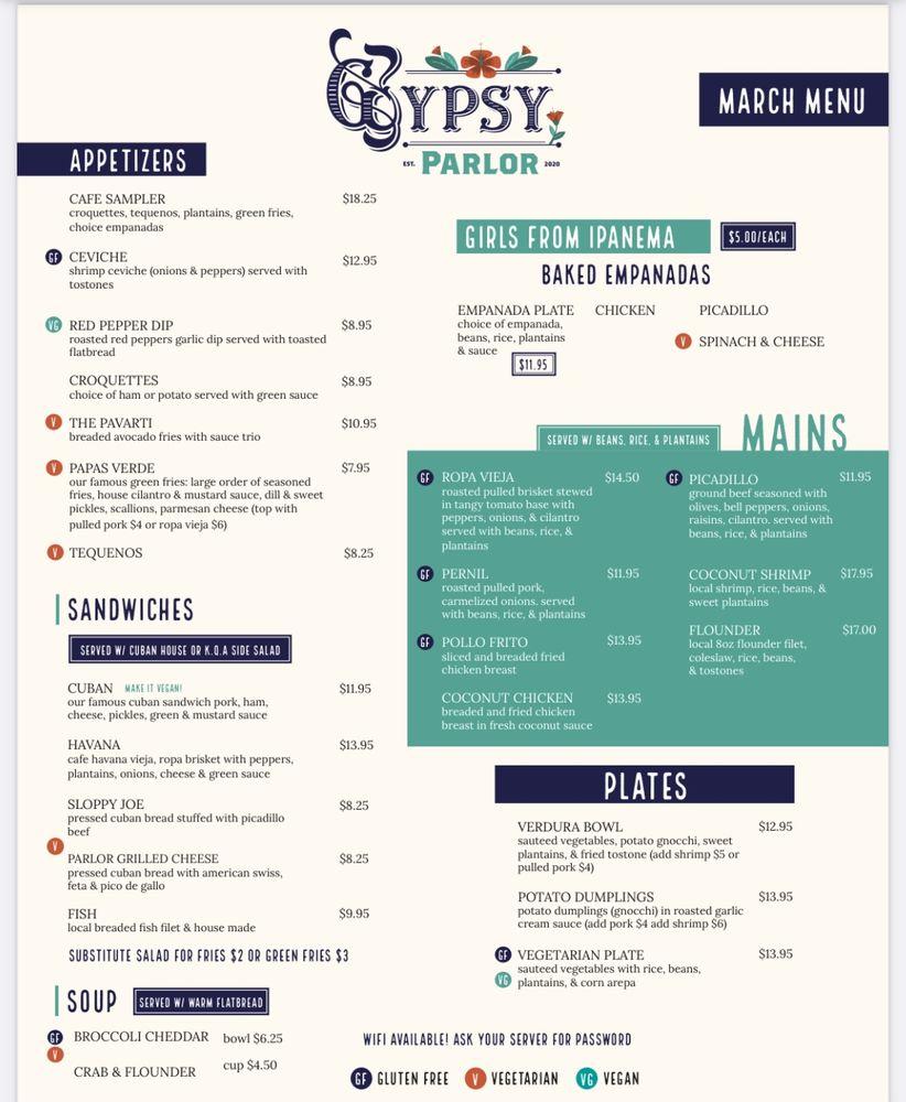Menu at Gypsy Pantry Parlor - Summerville pub & bar, Summerville
