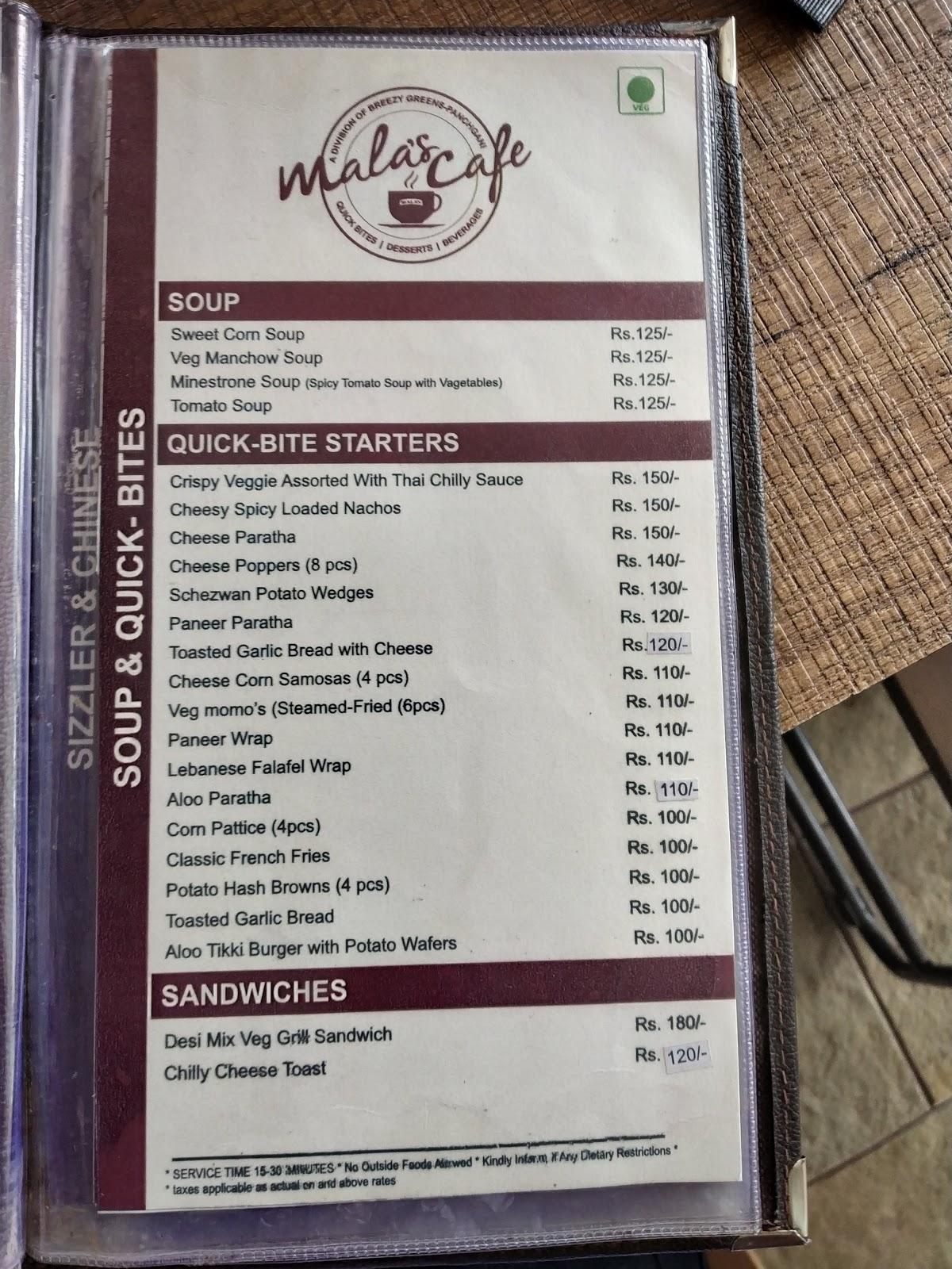 Menu at Mala's Restaurant and Factory, India