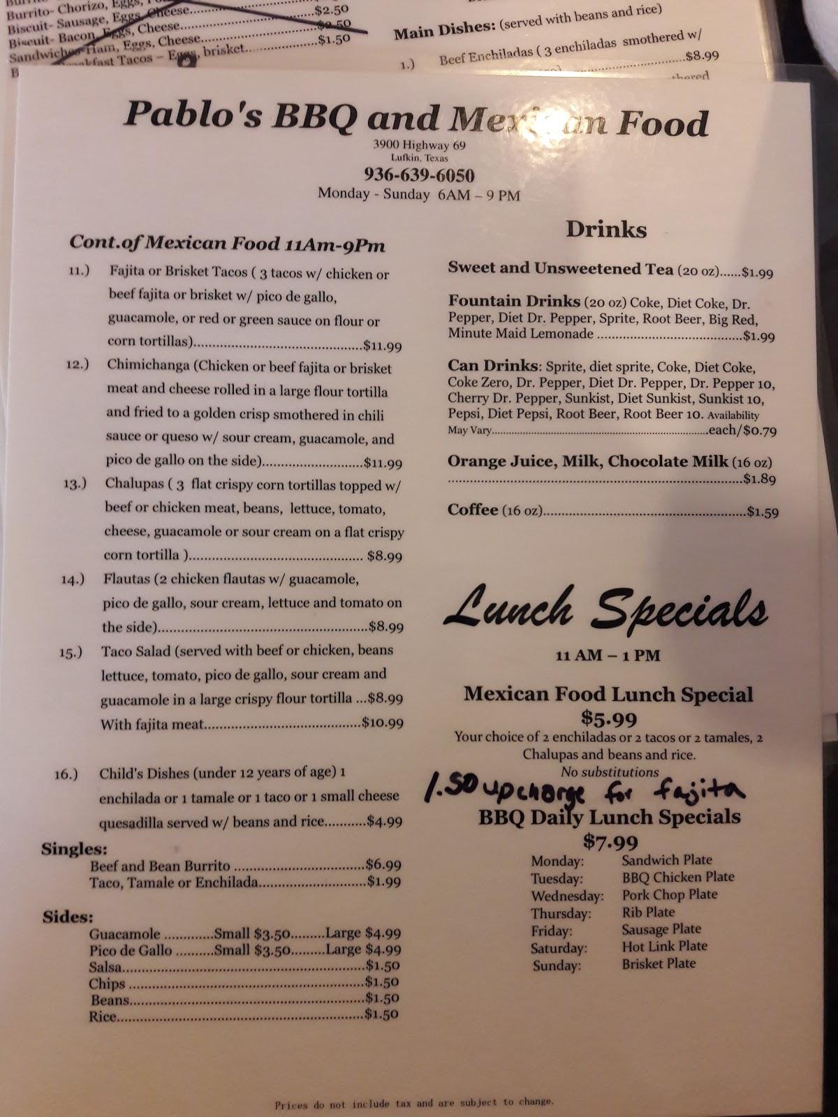 Menu at Pablo's BBQ, Lufkin, US-69
