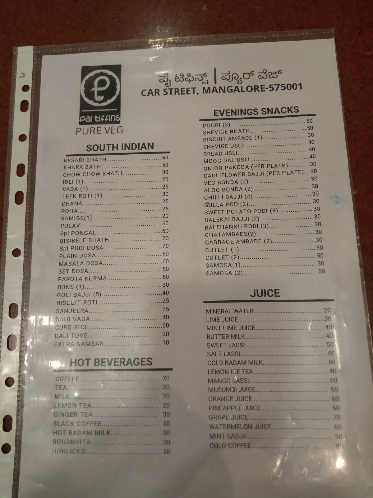 Menu at Pai Tiffins Mangalore, Mangaluru