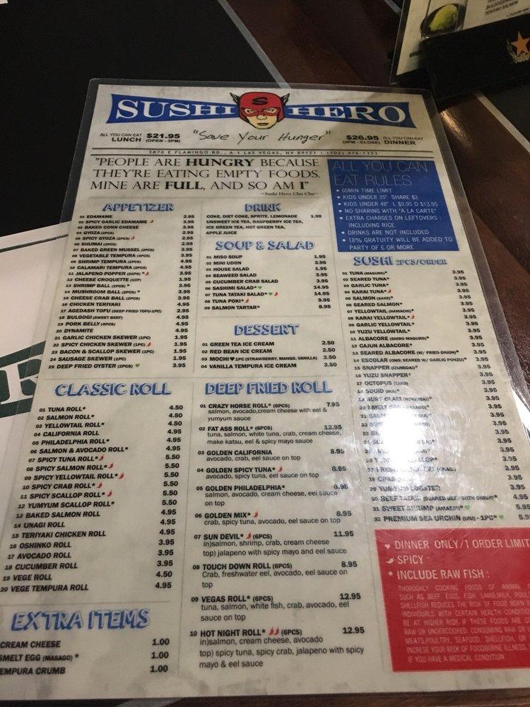 Menu at Sushi Hero restaurant, Las Vegas