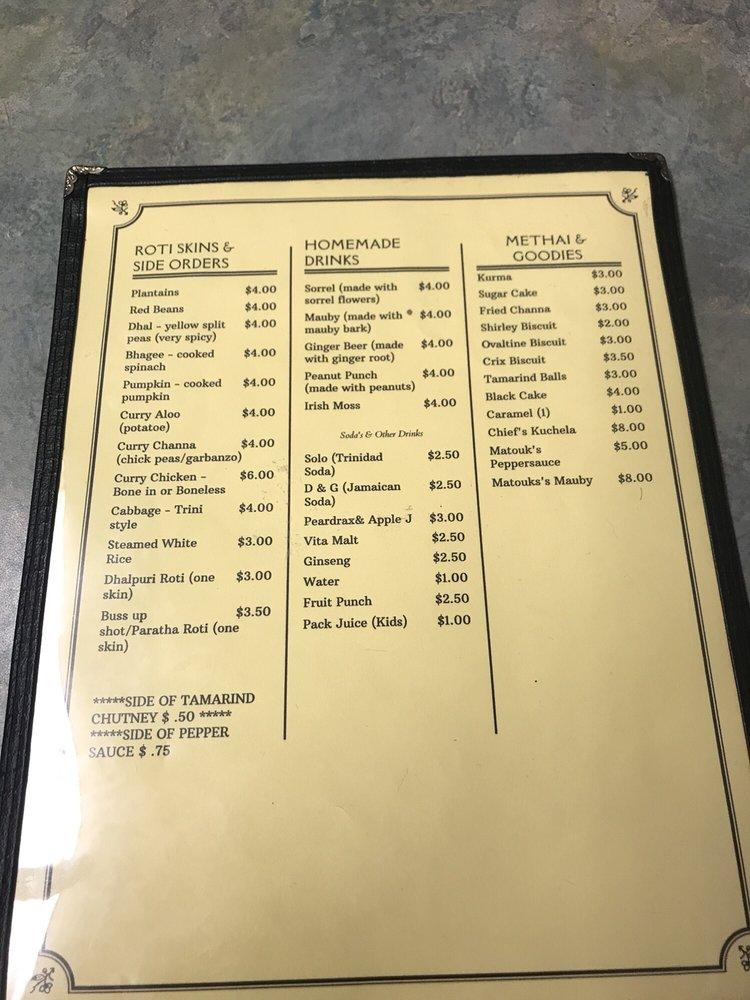 Menu at Tara's Roti Shop restaurant, Tampa