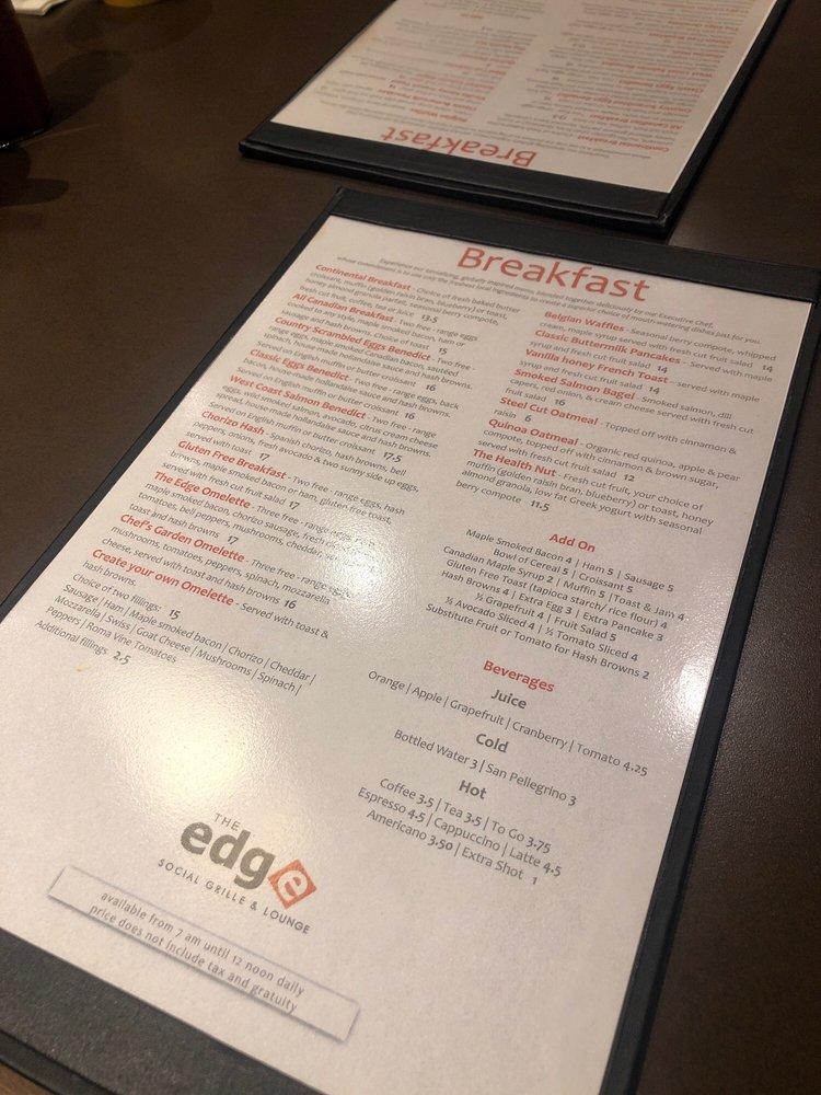 Menu at The Edge Social Grille & Lounge restaurant, Vancouver