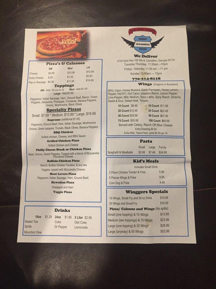 Menu at Winggers pizzeria, USA