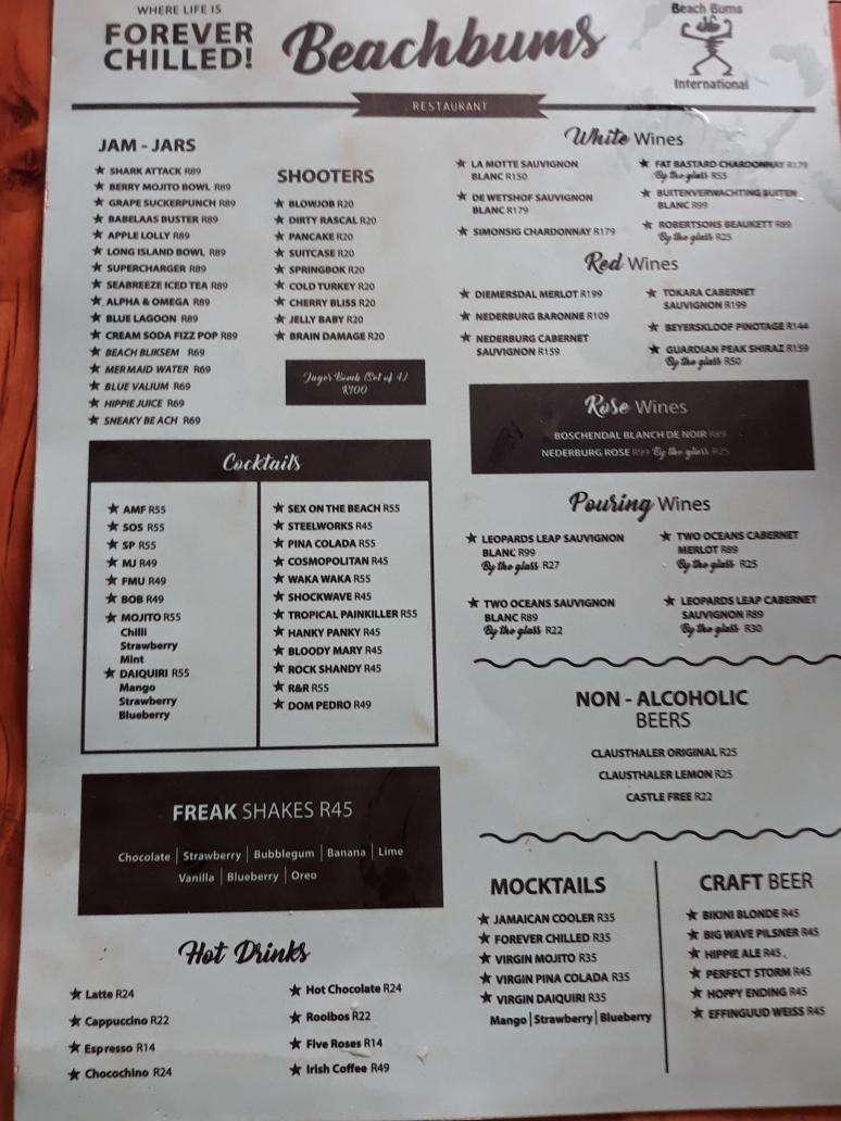 Menu at Beach Bums pub & bar, Westbrook