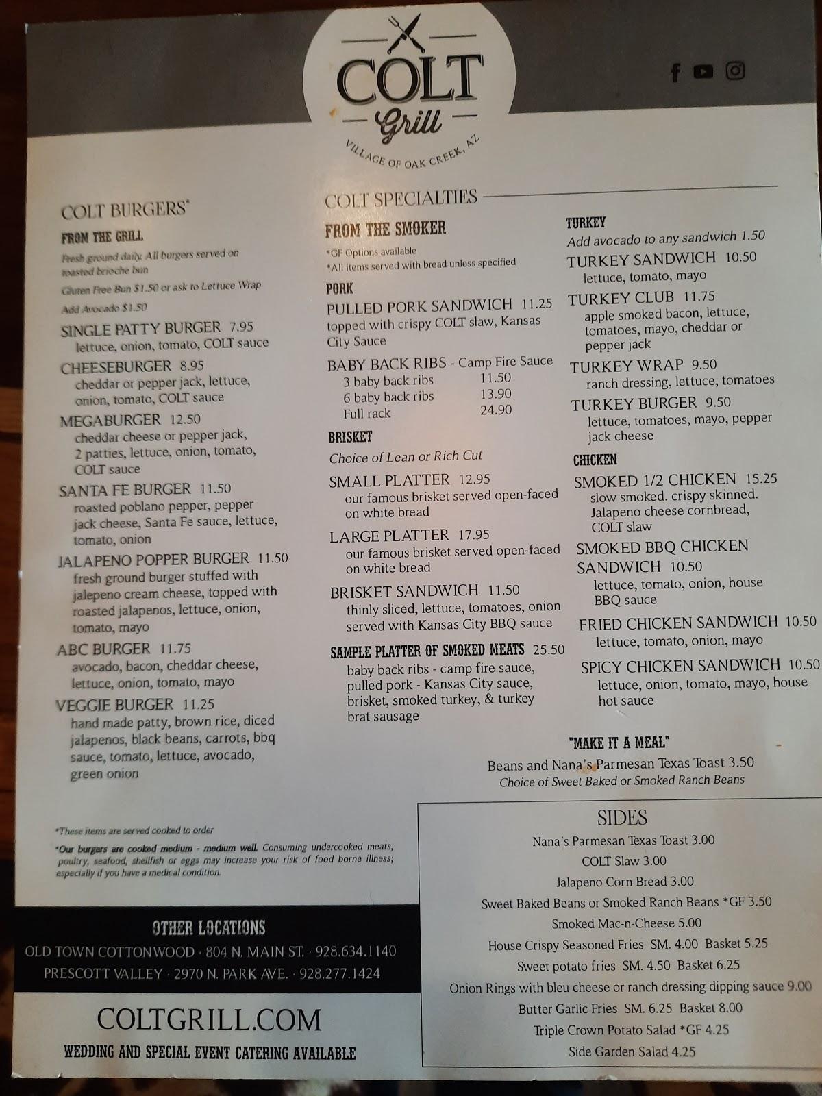 Menu at COLT Grill BBQ and Spirits Village of Oak Creek, Sedona