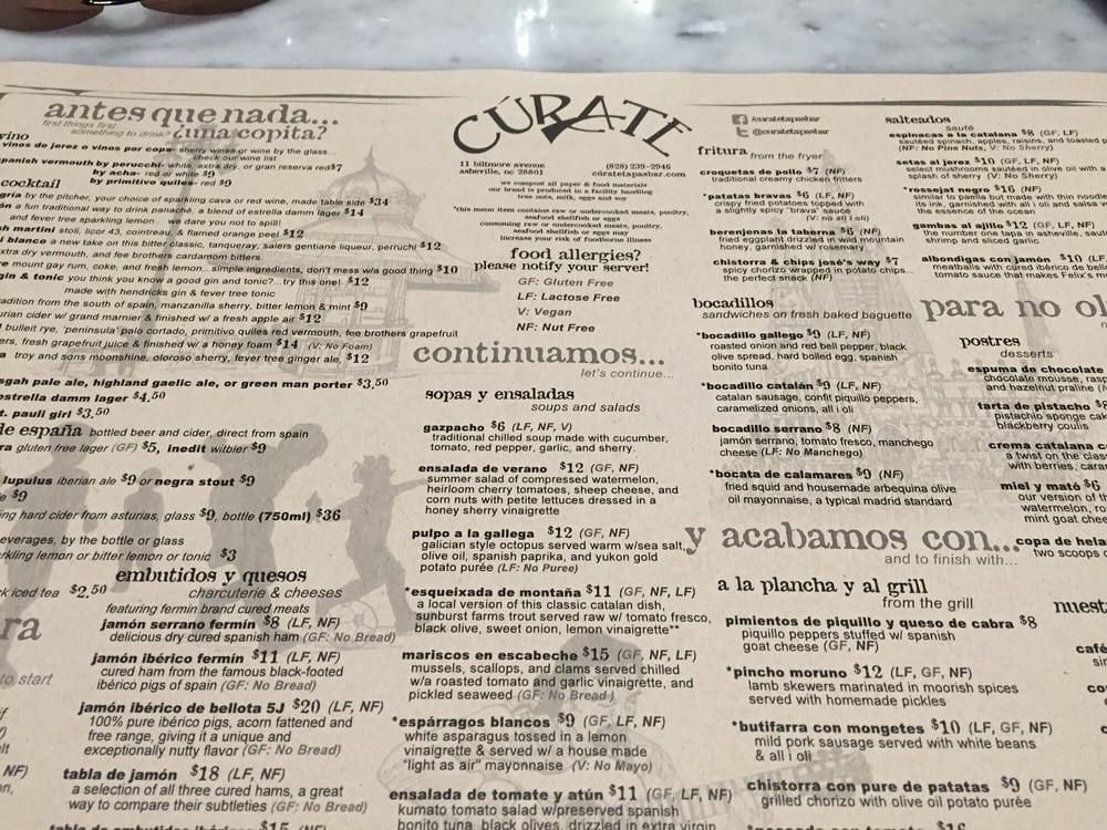 Menu at Cúrate pub & bar, Asheville