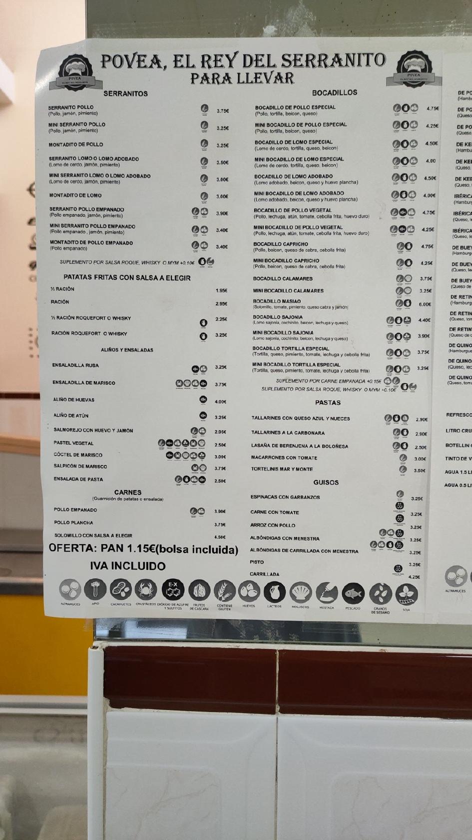 Carta de Restaurante Povea El rey del Serranito, Sevilla