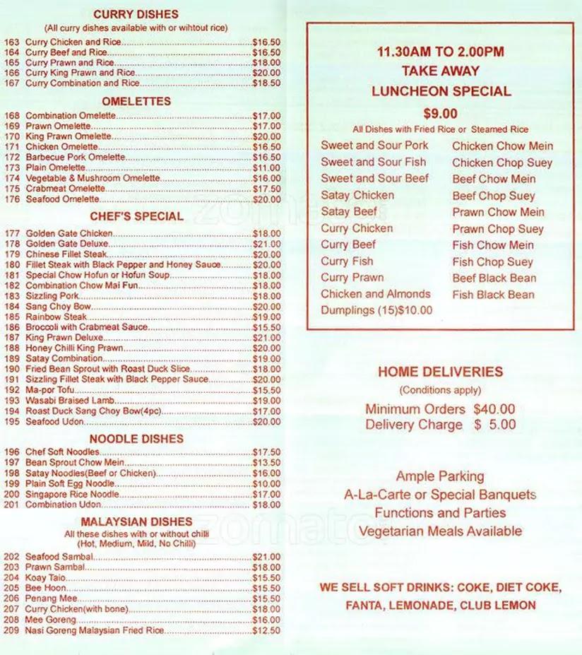 Menu at Golden Gate Chinese Restaurant, Bicton