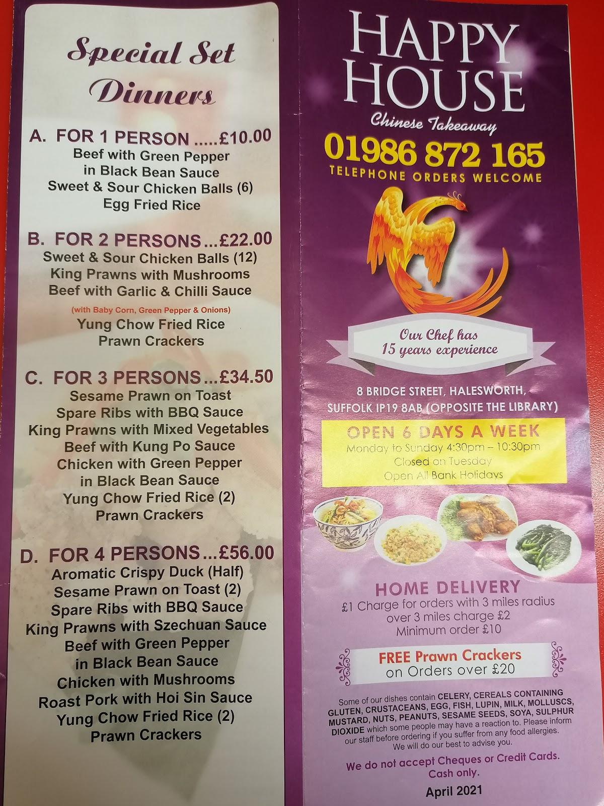 Menu at Happy House restaurant, Halesworth