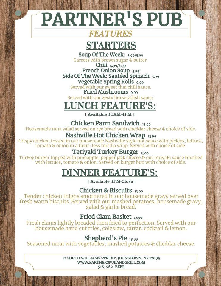 Menu at Partner's Pub and Grill, Johnstown
