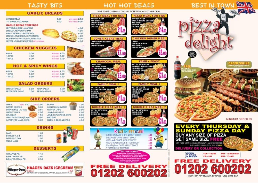 Menu at Pizza Delight fast food, Broadstone, 4 Station Approach