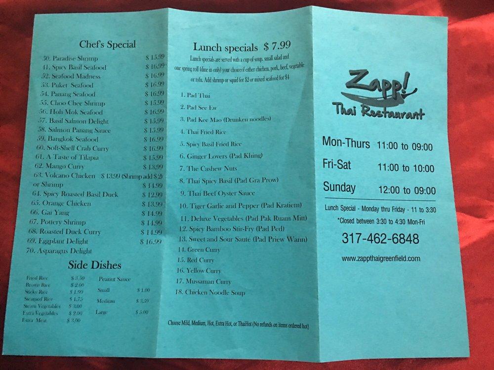 Menu at Zapp Thai Restaurant, Greenfield