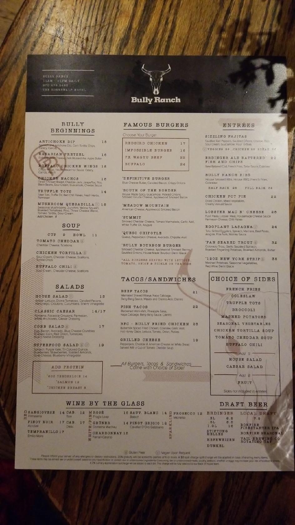 Menu at Bully Ranch Restaurant, Vail