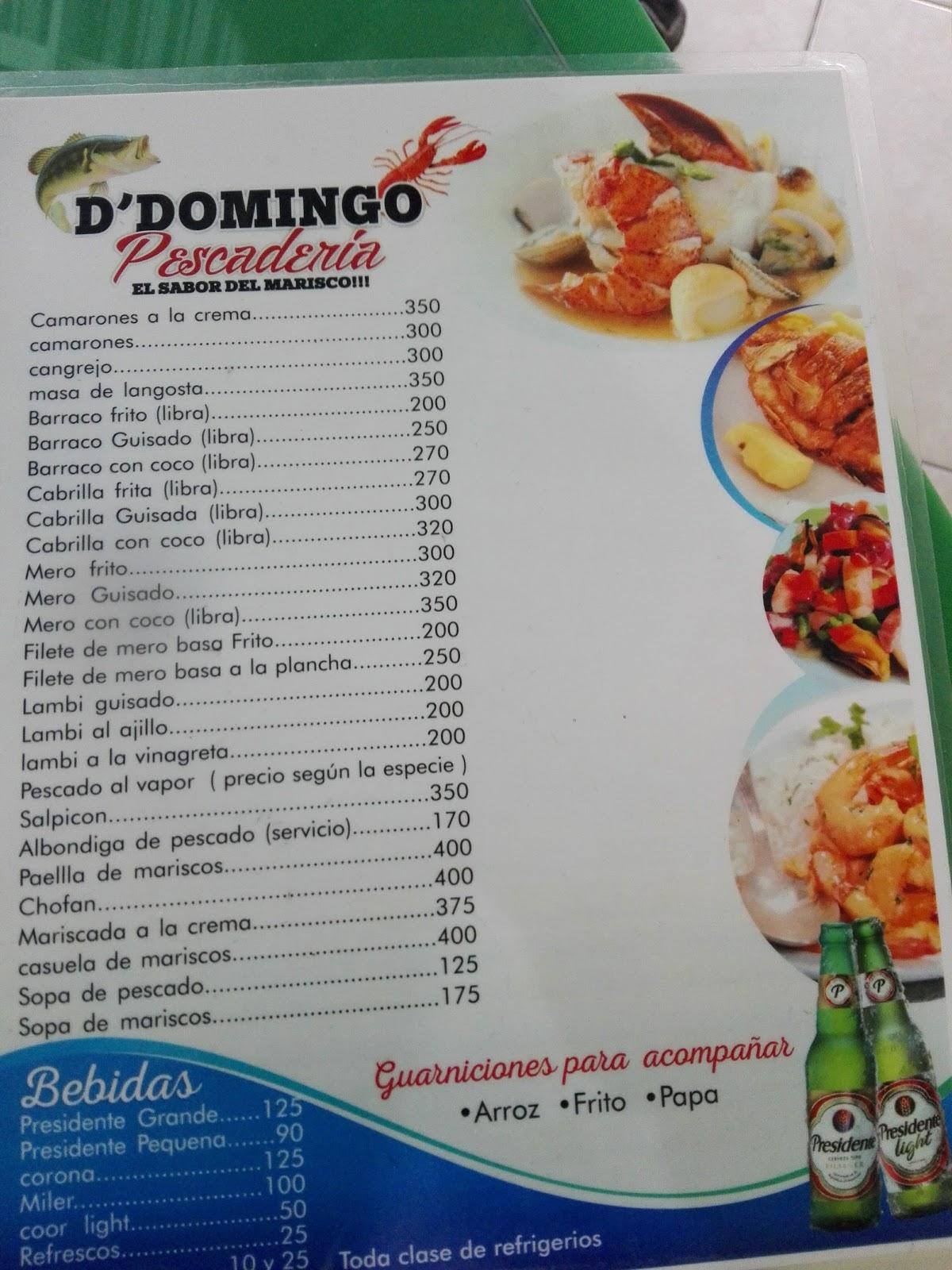 Menu at D' Domingo Pescadería restaurant, Puerto Plata