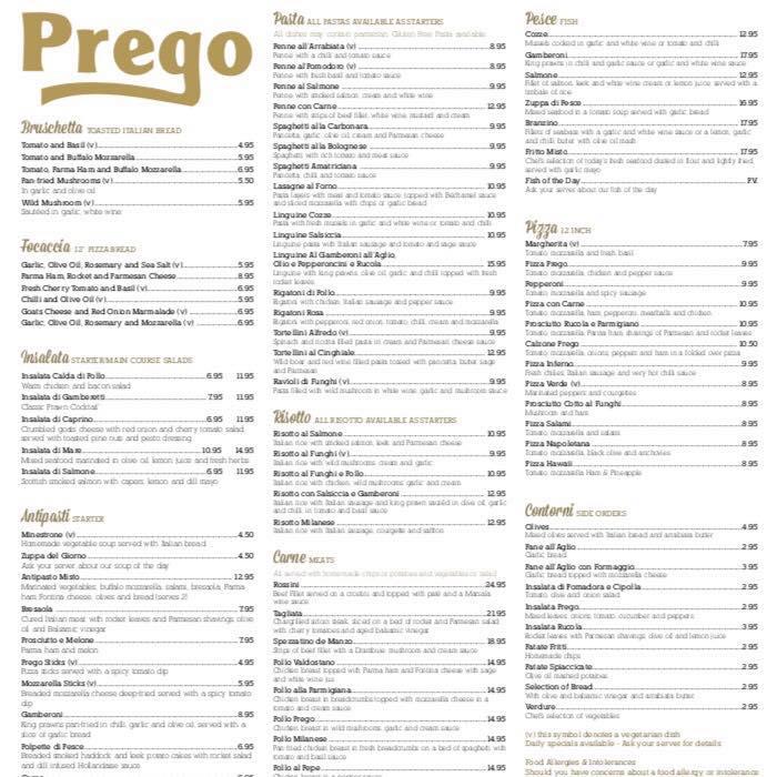 Menu at Prego restaurant, Lanark