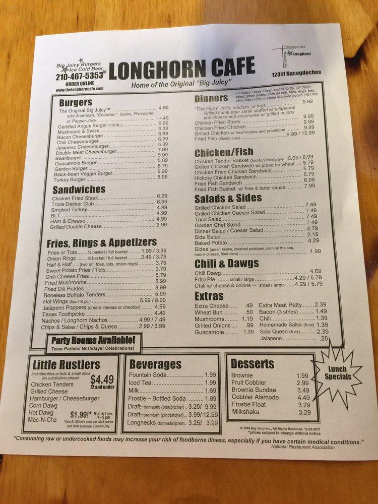 Menu at The Longhorn Cafe, San Antonio, Nacogdoches Rd