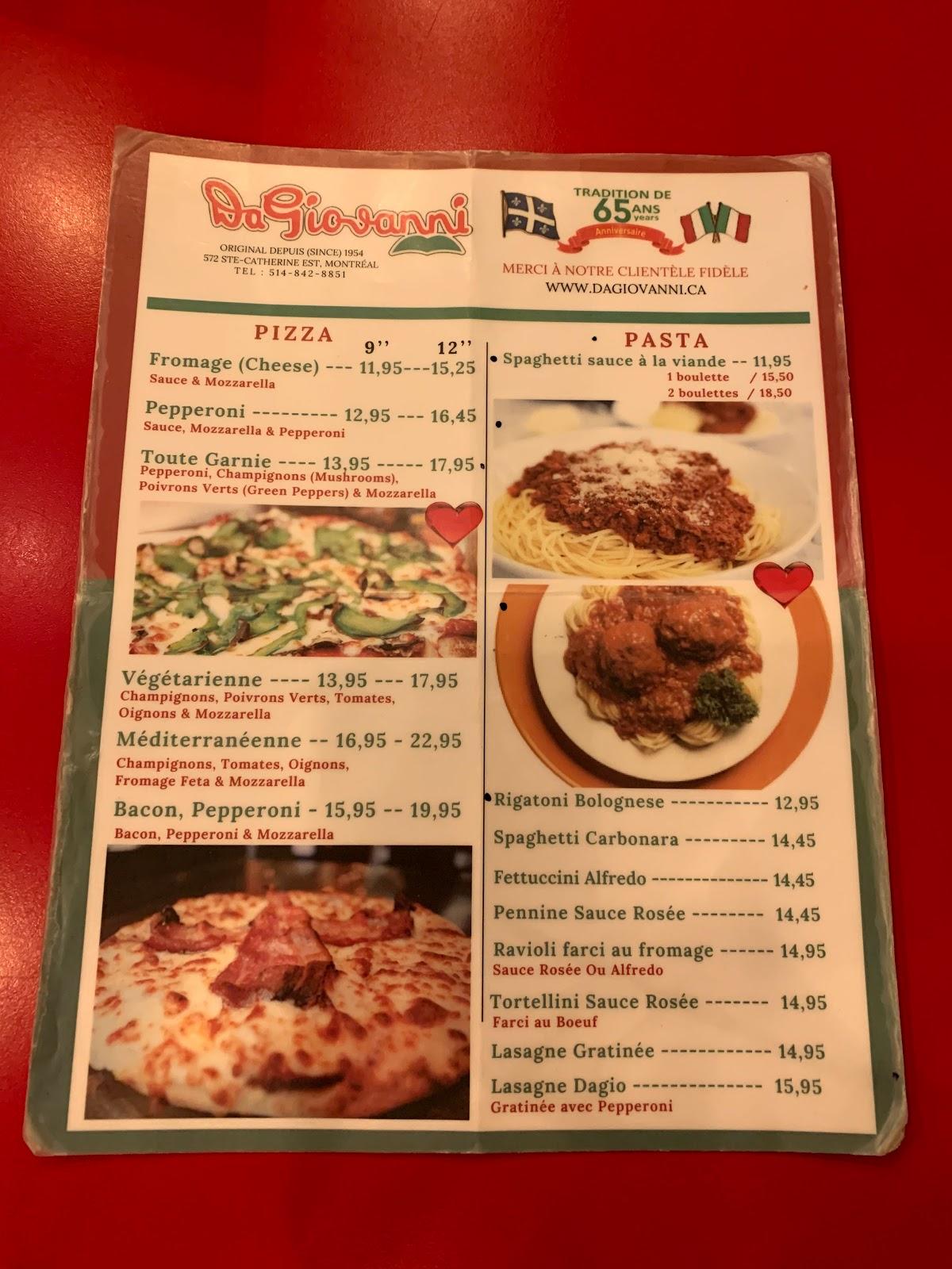 Menu au Da Giovanni pizzeria, Montréal, 165 St Catherine St E
