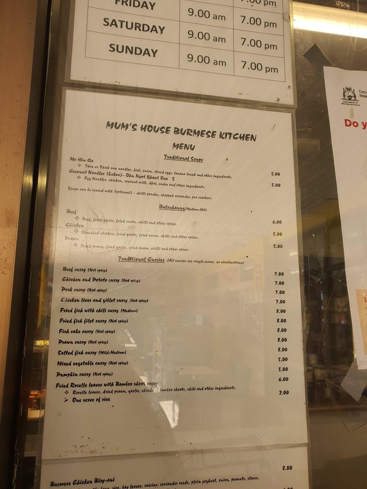 Menu at Mum's House Burmese Kitchen restaurant, Girrawheen, Wade Ct