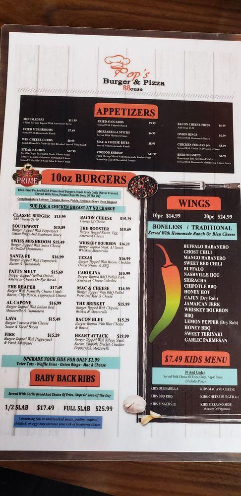Menu at Pop's Burger & Pizza House pizzeria, Sheboygan