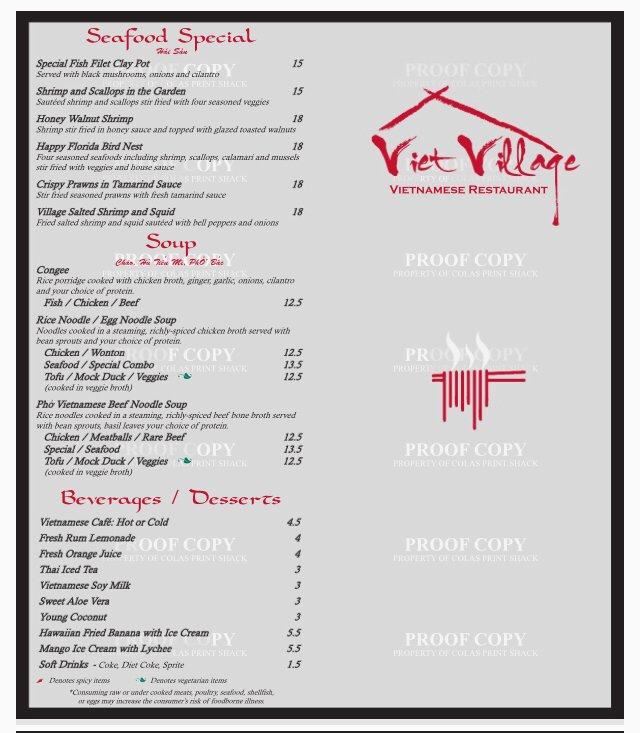 Menu at Viet Village restaurant, Fort Myers