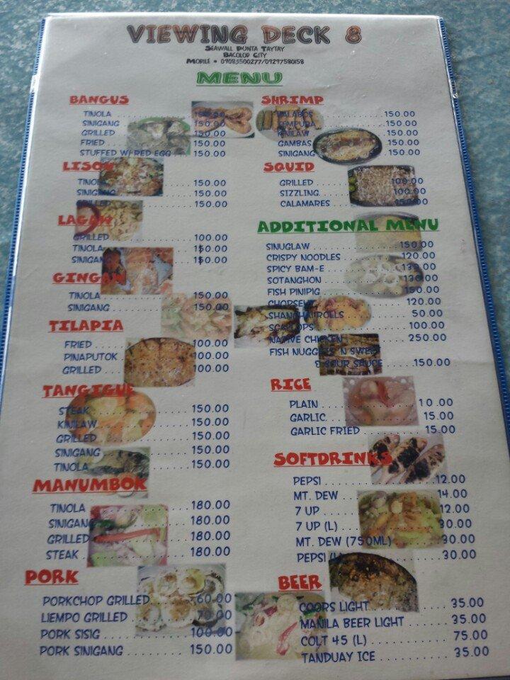 Menu at viewing deck 8 restaurant, Bacolod