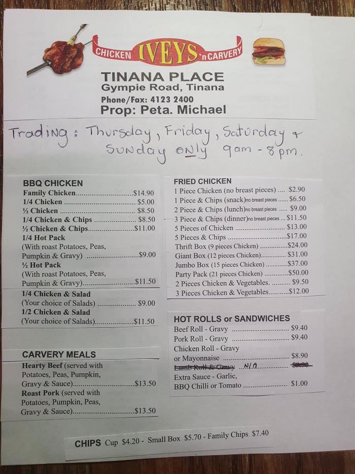 Menu at Ivey's Chicken & Carvery restaurant, Tinana, Shop 6/24 Gympie Rd