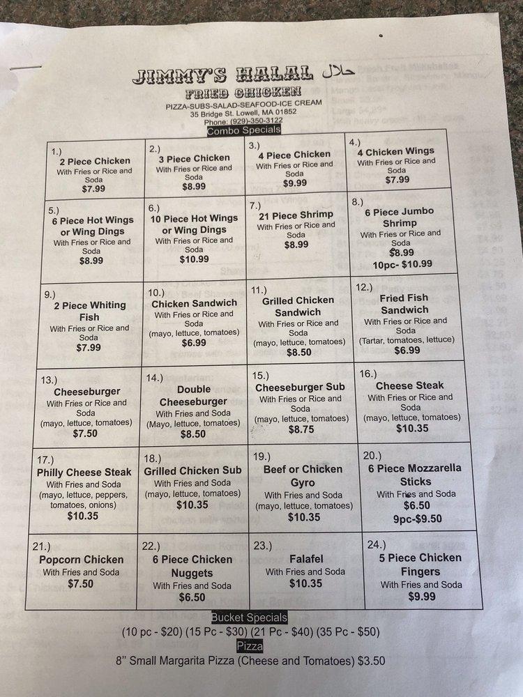 Menu at Jimmy's Halal Fried Chicken pizzeria, Lowell