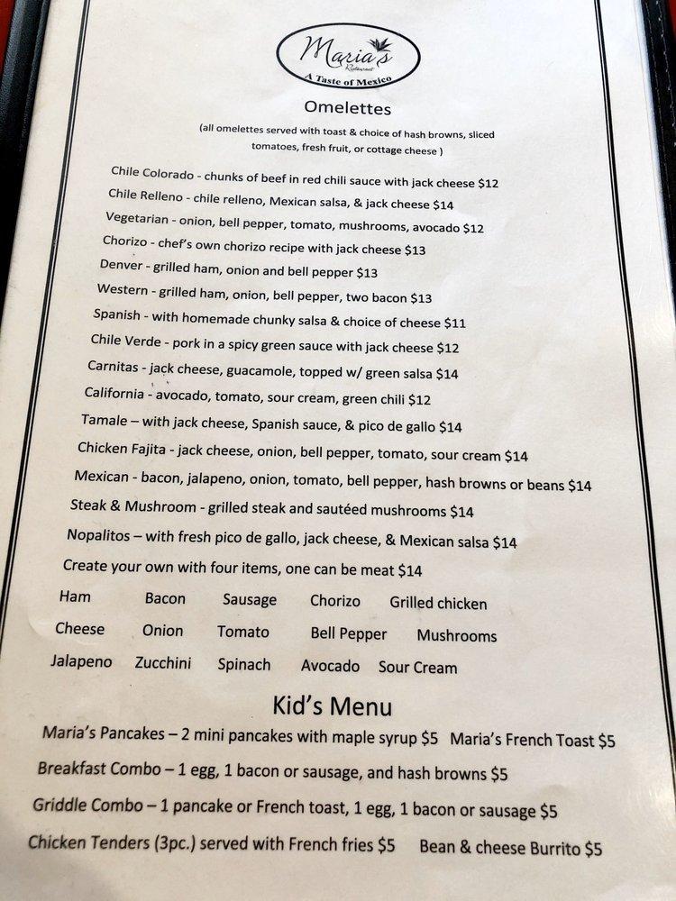 Menu at Maria's Restaurant, Simi Valley