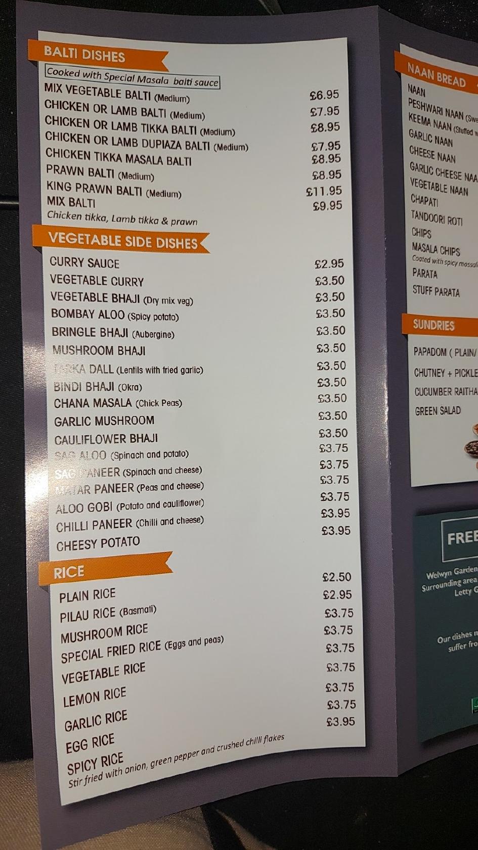Carta de Masala Hut, Hatfield