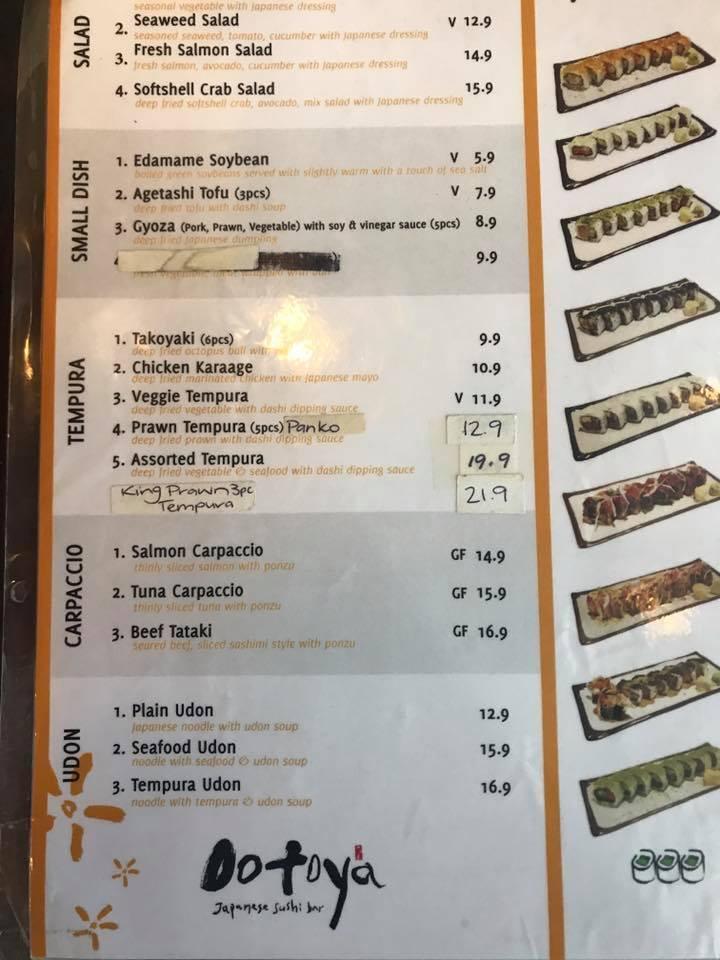 Menu at Ootoya Japanese Sushi Bar, Coffs Harbour