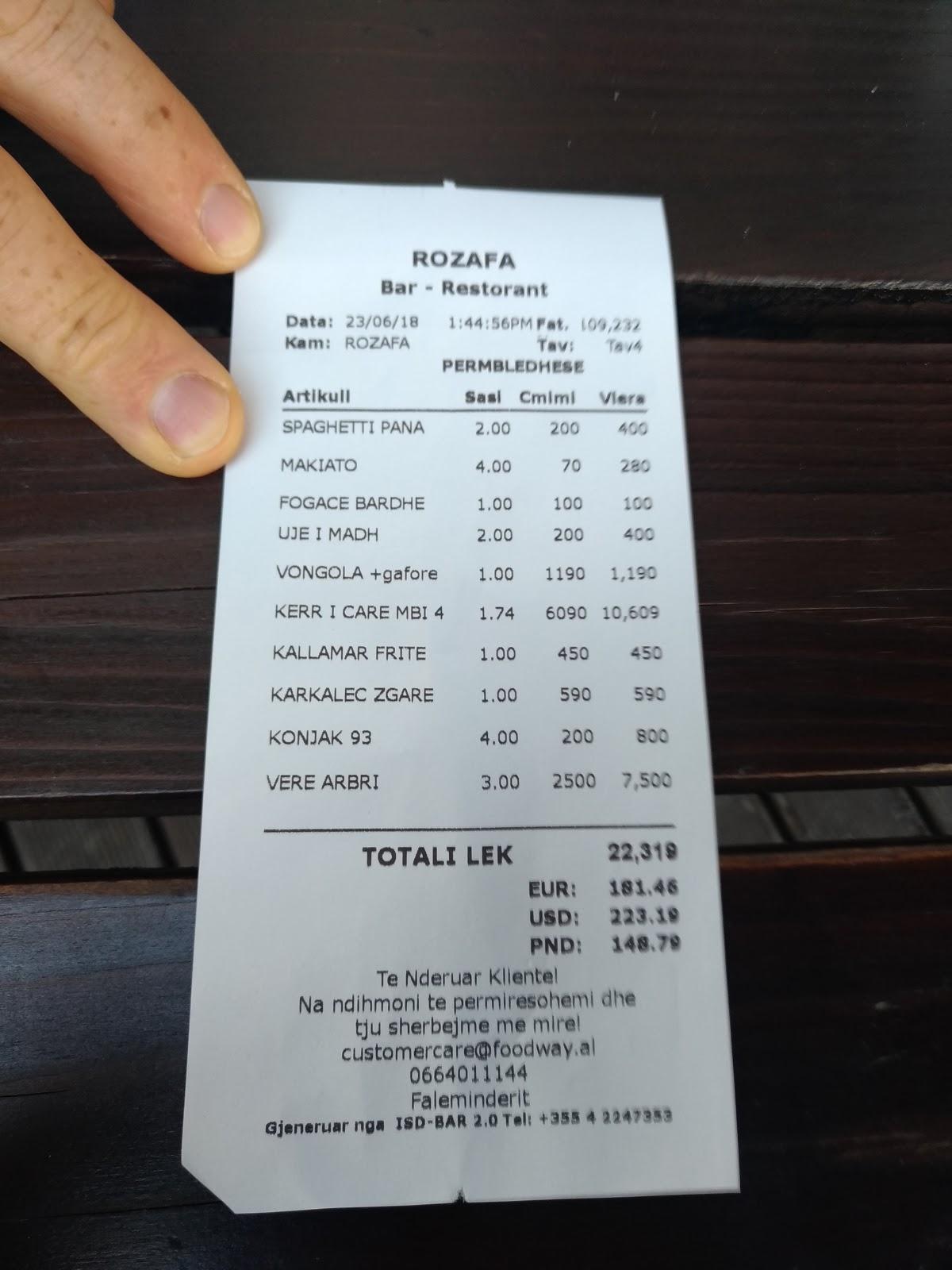 Menu at Rozafa Sea Food restaurant, Shkodër
