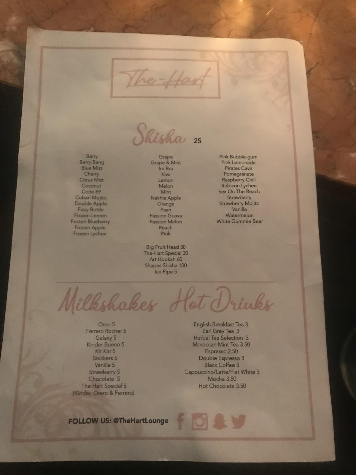 Carta del pub y bar Hart Lounge, Londres