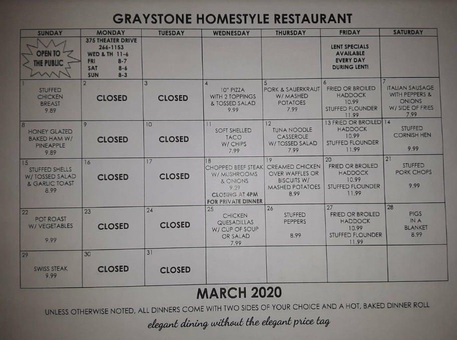 Menu at Graystone Homestyle Restaurant, Johnstown