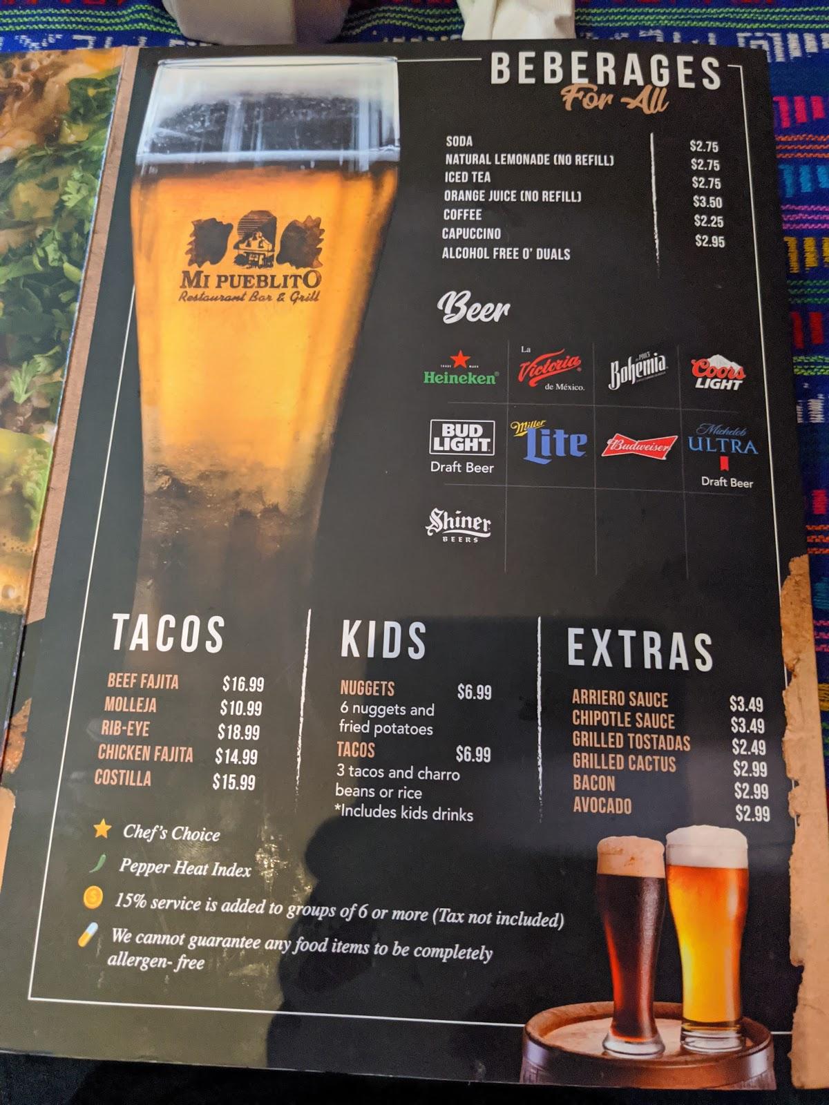 Menu at Mi Pueblito Restaurant Bar and Grill, Brownsville, Pablo Kisel Blvd