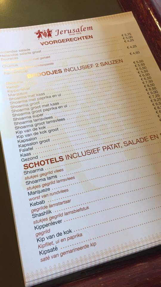 Menu at Restaurant Jerusalem, Haarlem