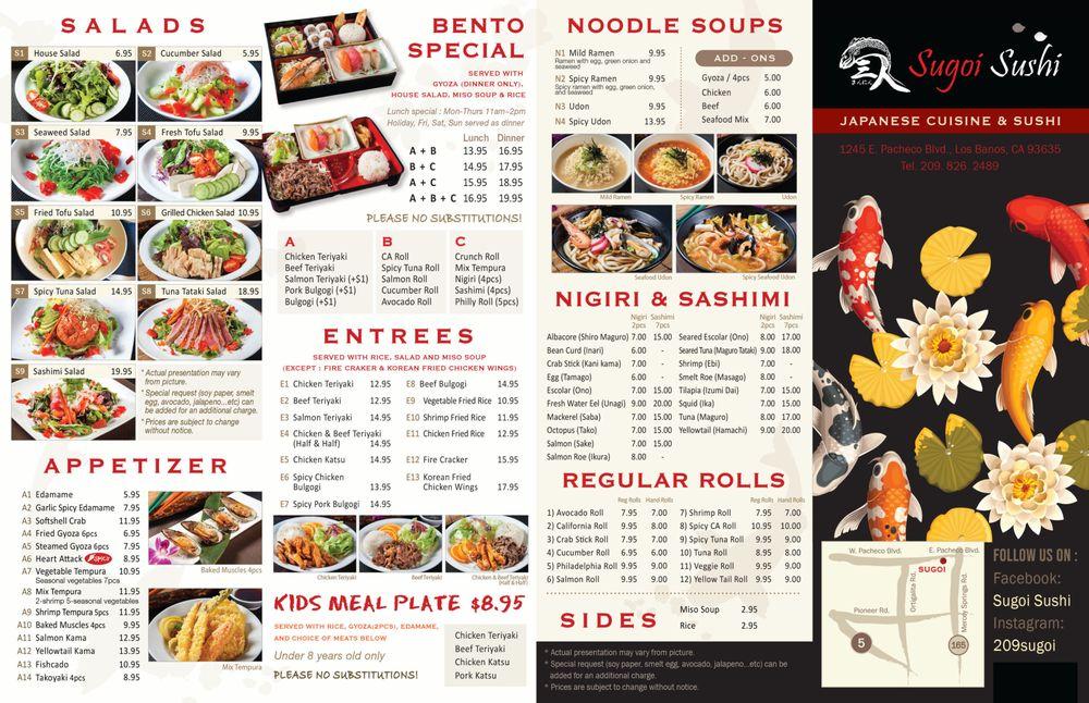 Menu at Sugoi Sushi restaurant, Los Banos