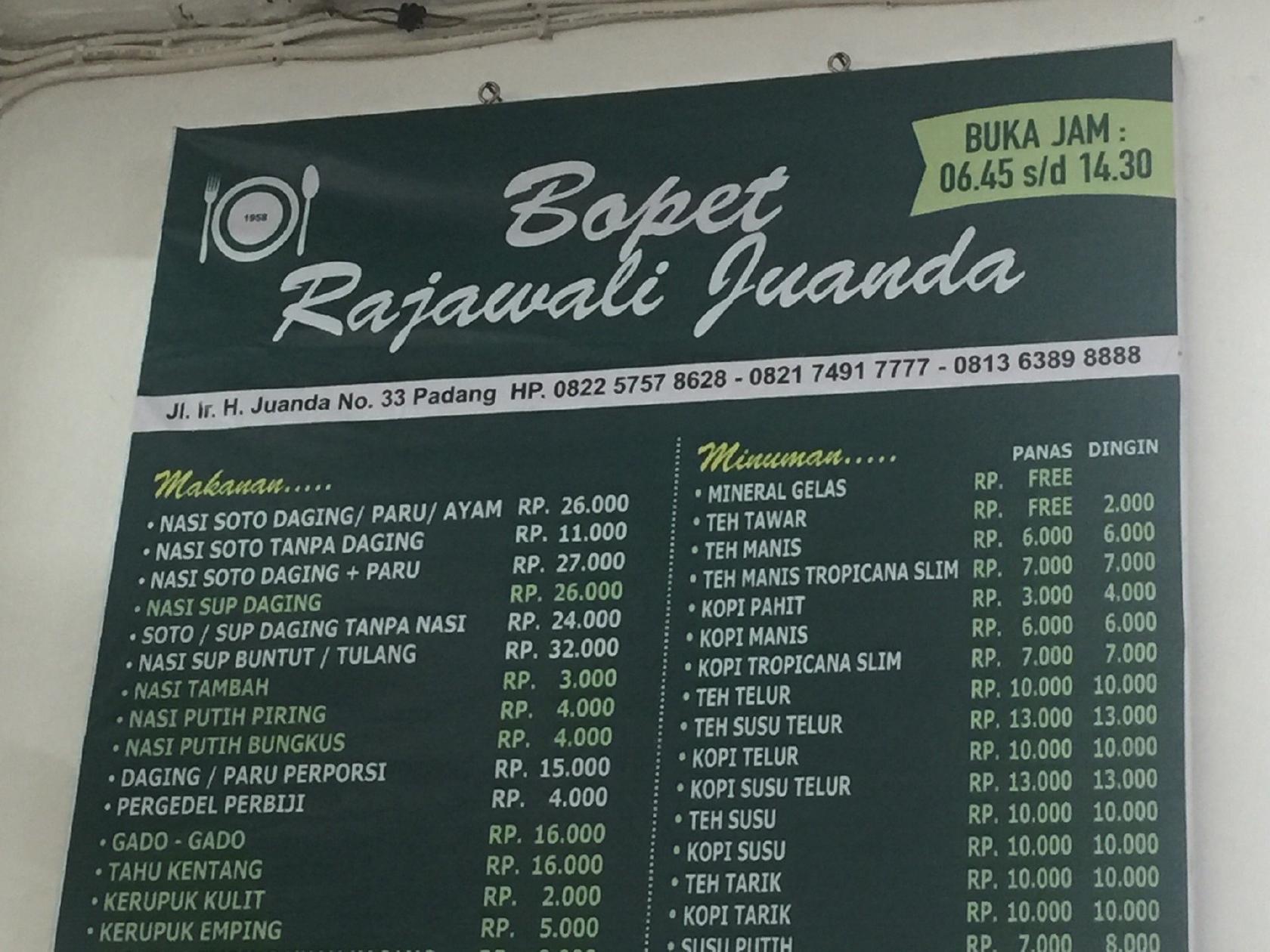 Carta del restaurante Bopet Radjawali Juanda, Padang