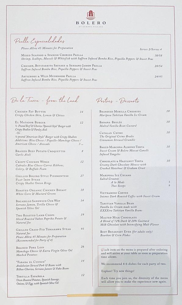 Menu at Bolero Restaurante, Temecula