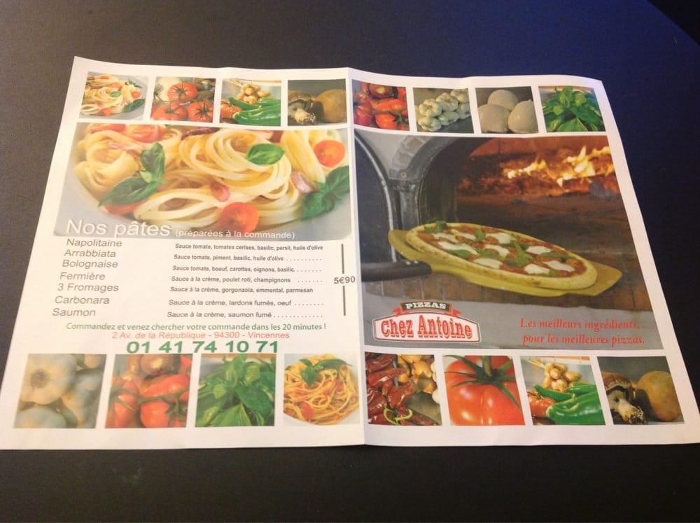 Menu au Chez Antoine pizzeria, Vincennes, 2 Av. de la République