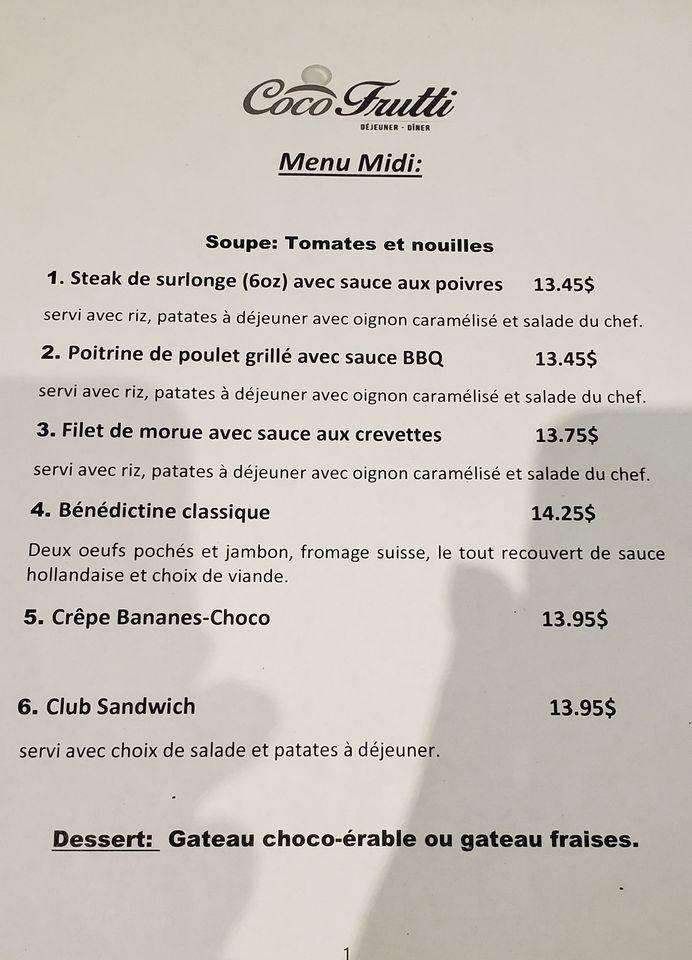 Menu at Coco Frutti Victoriaville pub & bar, Victoriaville