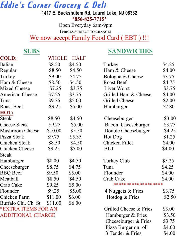 Menu at Eddie's Corner restaurant, Millville