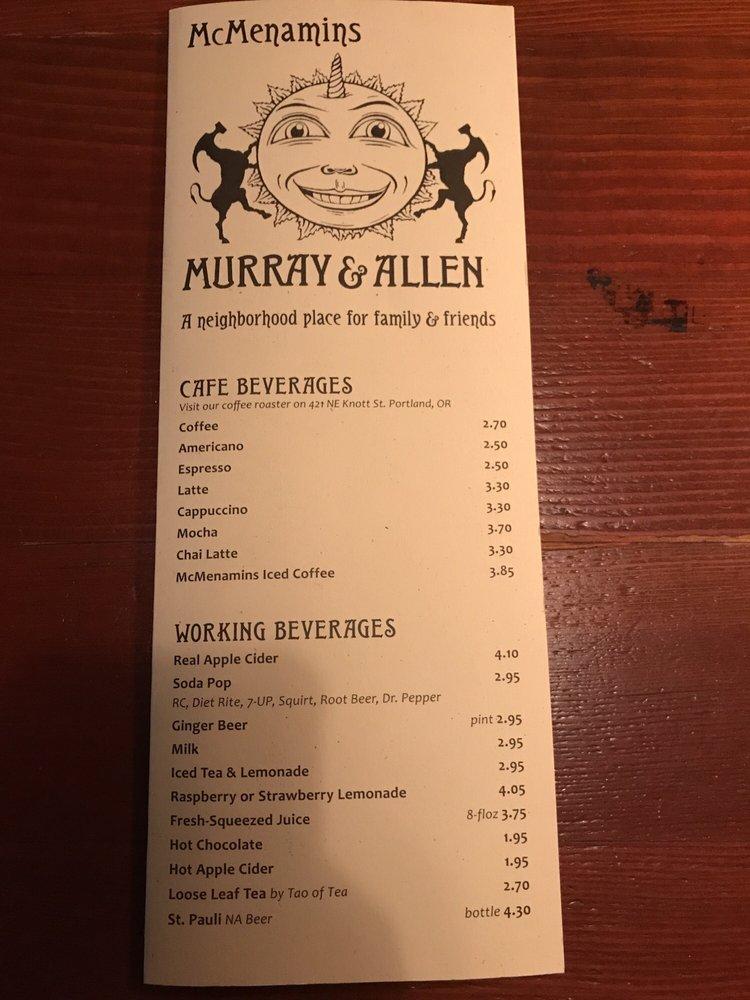 Menu at McMenamins Murray & Allen pub & bar, Beaverton
