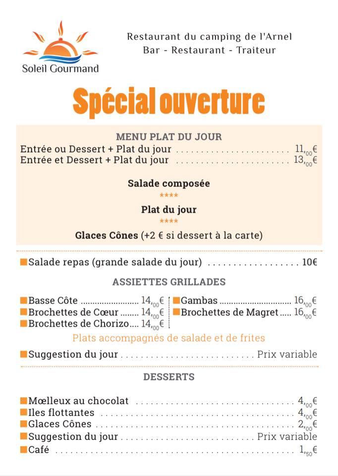 Menu au Soleil Gourmand - Restaurant du camping de l’Arnel, Villeneuve ...