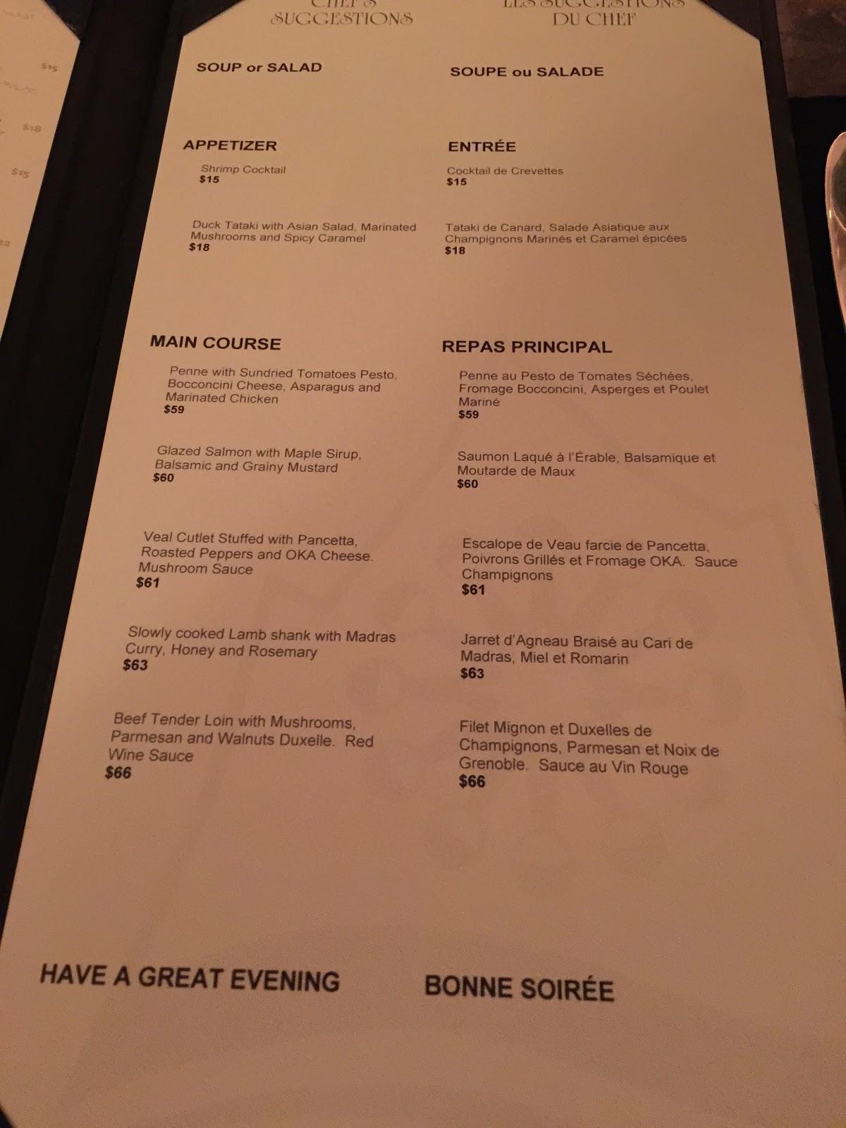 Menu at The Granite Room restaurant, Iqaluit