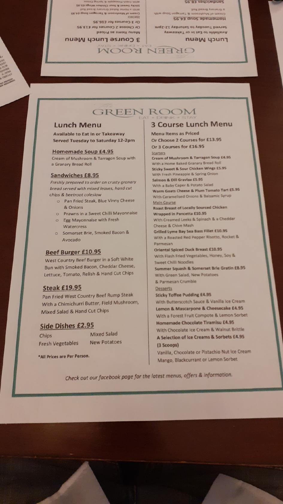 Menu at The Green Room restaurant, Yeovil