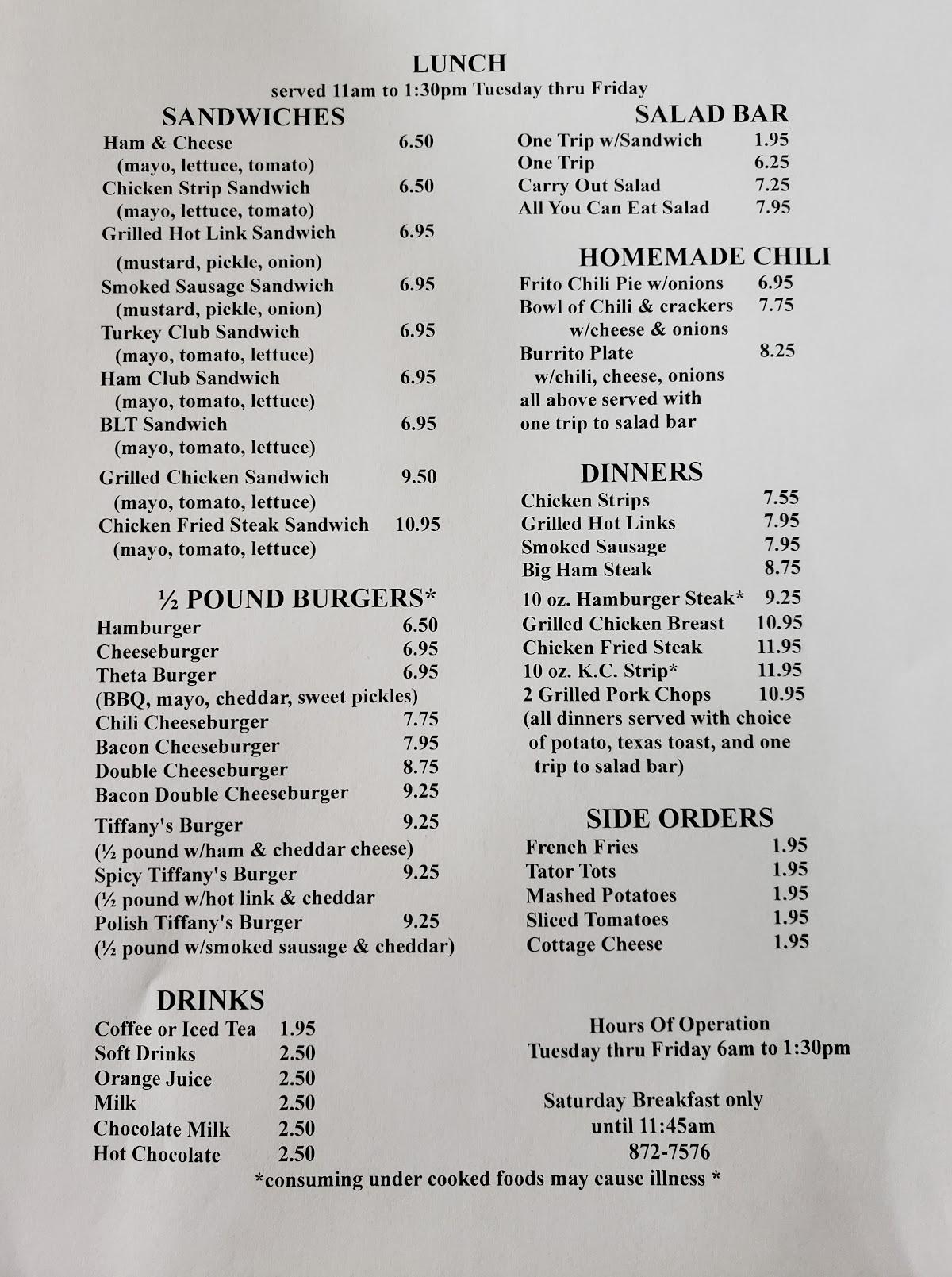 Menu at Tiffany's restaurant, Noble