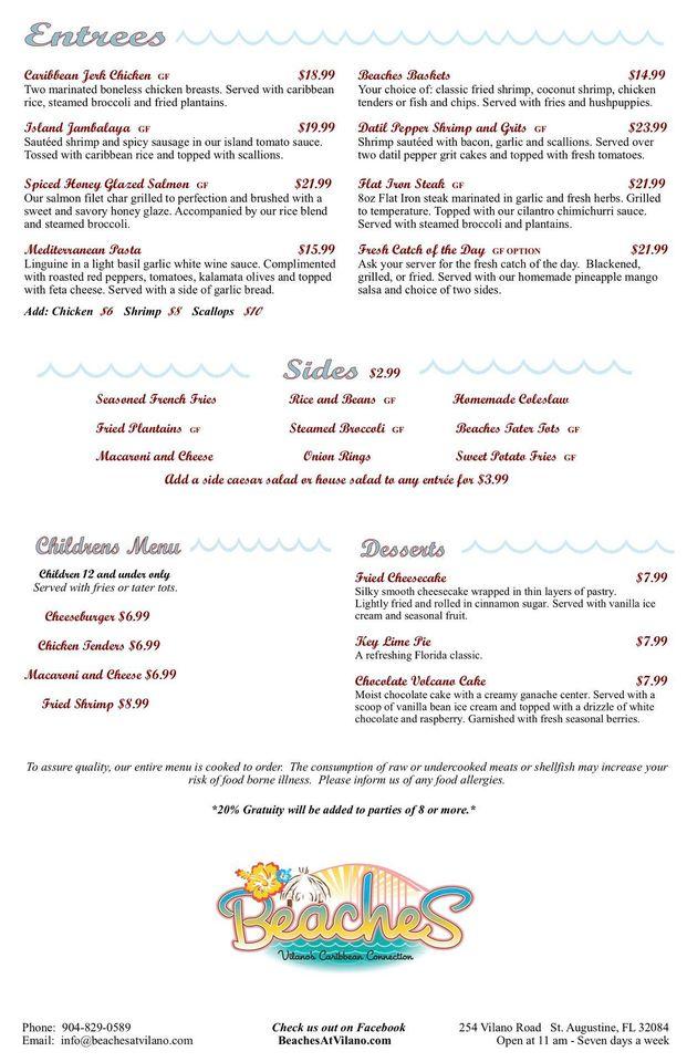 Menu at Beaches at Vilano pub & bar, St. Augustine