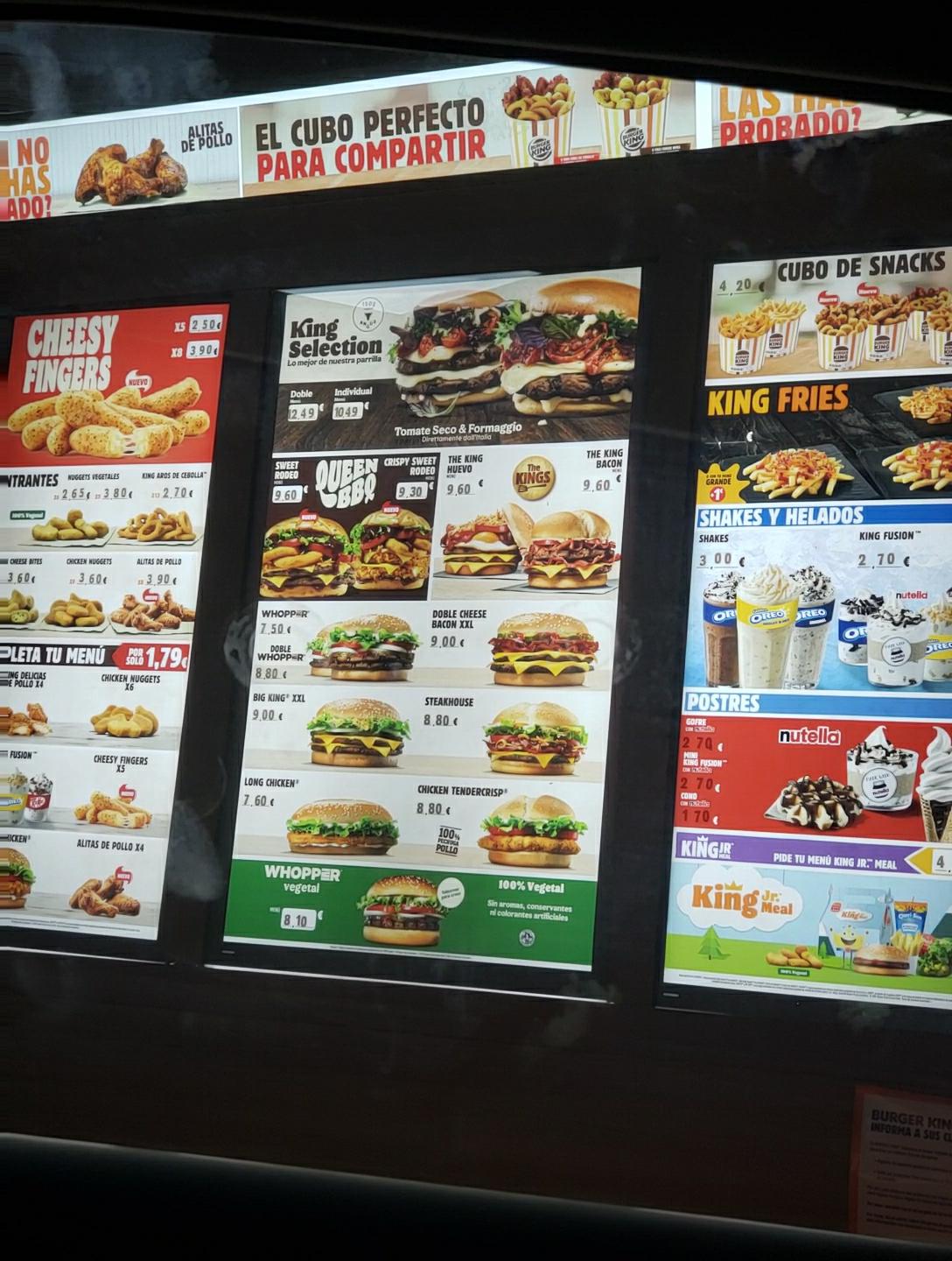 Carta del restaurante Burger King, Ciudad Quesada