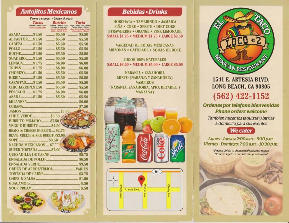 Menu at El Taco Loco # 2 restaurant, Long Beach